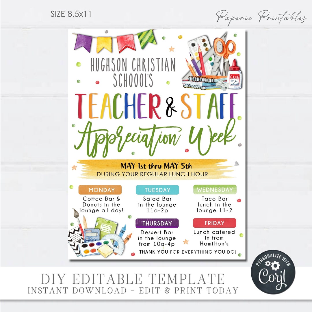 EDITABLE Teacher Appreciation Week Flyer, School Staff Appreciation ...