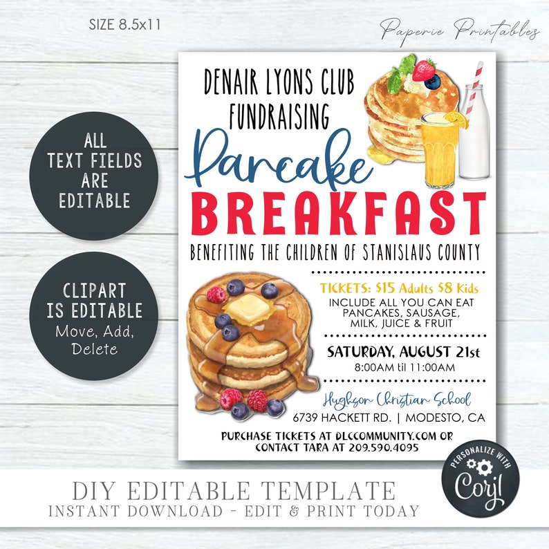 EDITABLE Pancake Breakfast Fundraiser Pancake Breakfast Flyer - Etsy