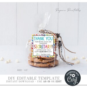 Secretary Appreciation Gift Tag: Editable Thank You Card (DIY Corjl ...