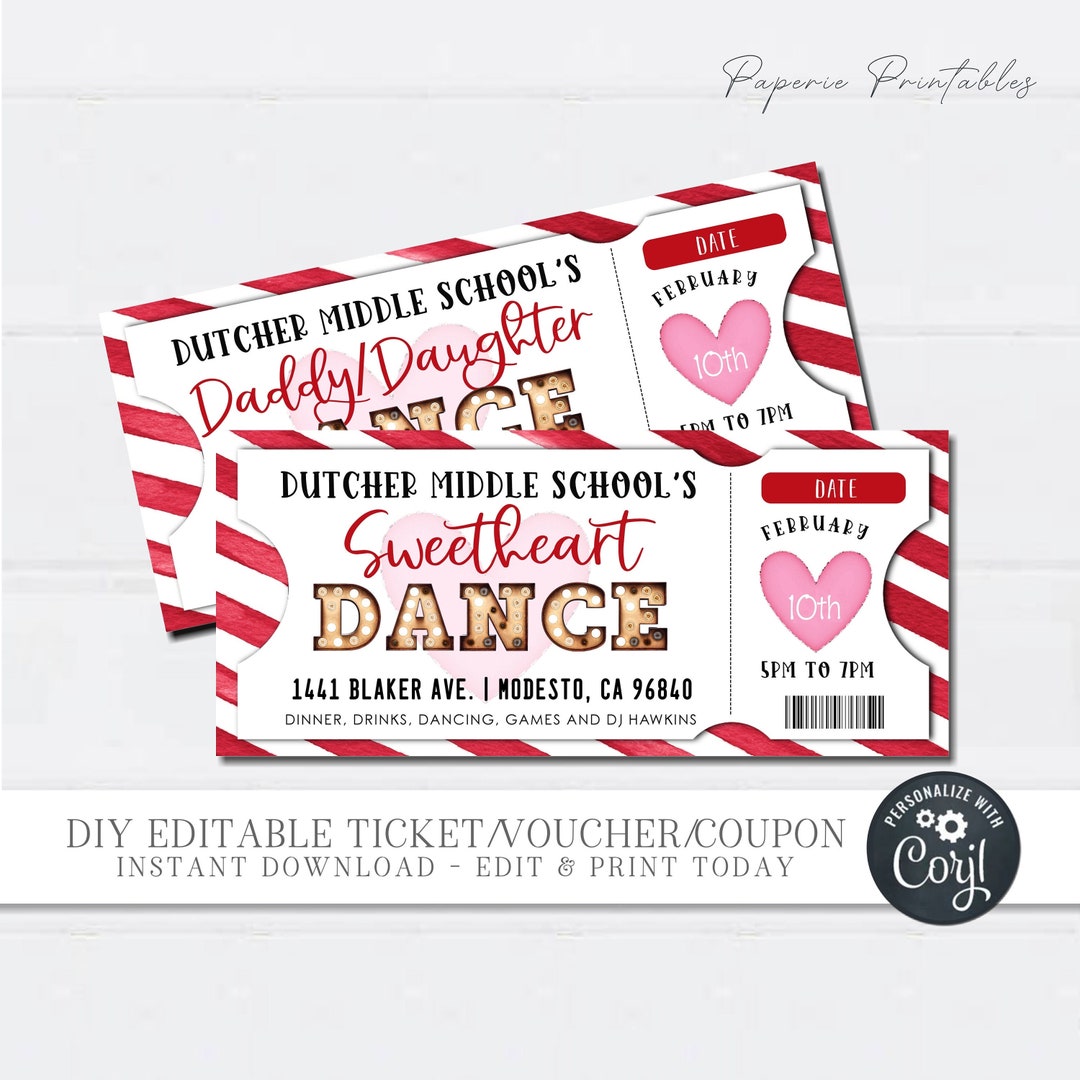 EDITABLE Sweetheart Dance Tickets, Valentine's Dance Tickets, Valentine's Day Dance Ticket ...