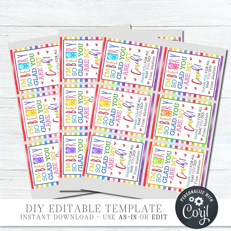 Editable Gummy Bear Coach Gift Tag: Appreciation Thank You (corjl) - Etsy