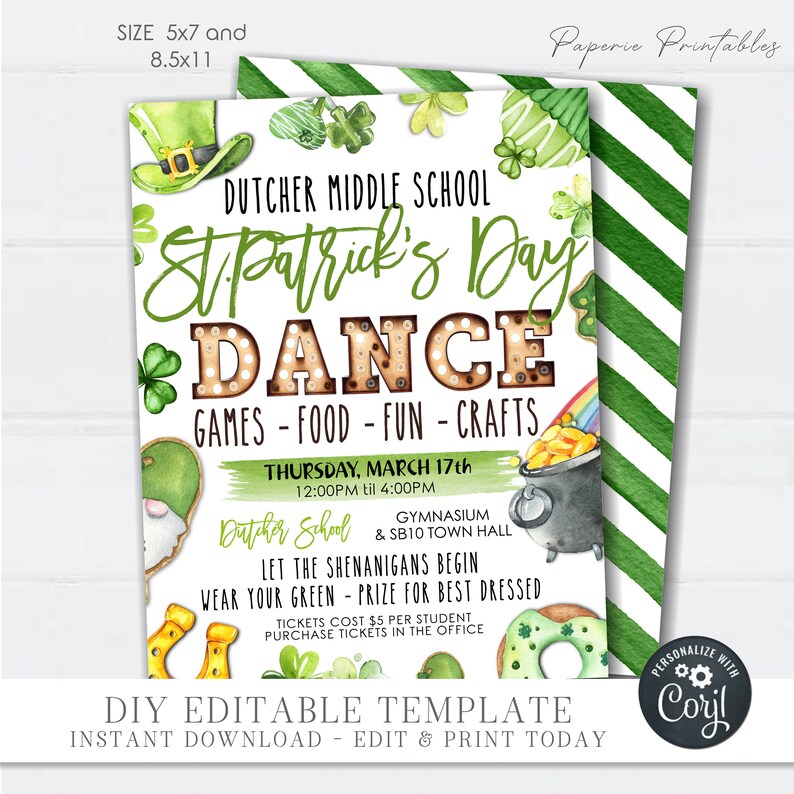 Editable St. Patrick's Day School Dance Flyer (DIY With Corjl) - Etsy
