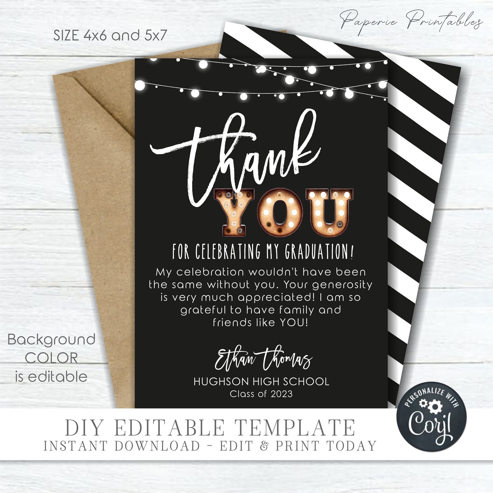 EDITABLE Graduation Thank You Card Color Match School Colors - Etsy