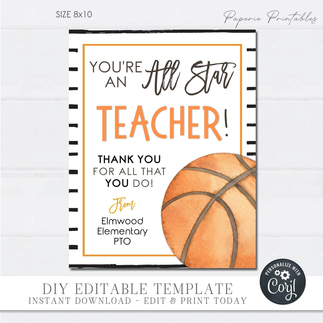 EDITABLE Basketball Teacher Appreciation Sign, All Star Basketball ...
