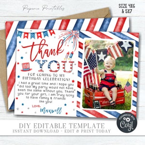 EDITABLE 4th of July Birthday Thank You Card - Patriotic Thank You ...