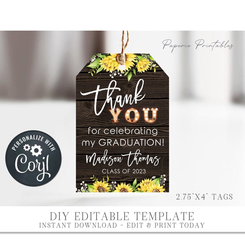 EDITABLE Graduation Gift Tags Sunflower Graduation Tags - Etsy