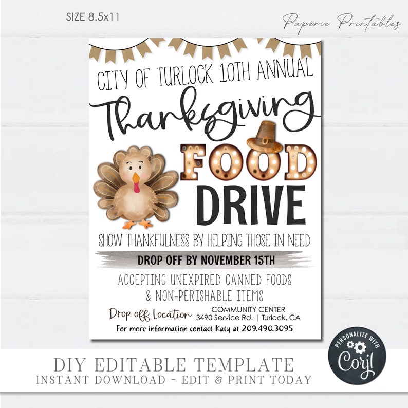 Editable Thanksgiving Food Drive Flyer: Community Event (DIY Corjl ...