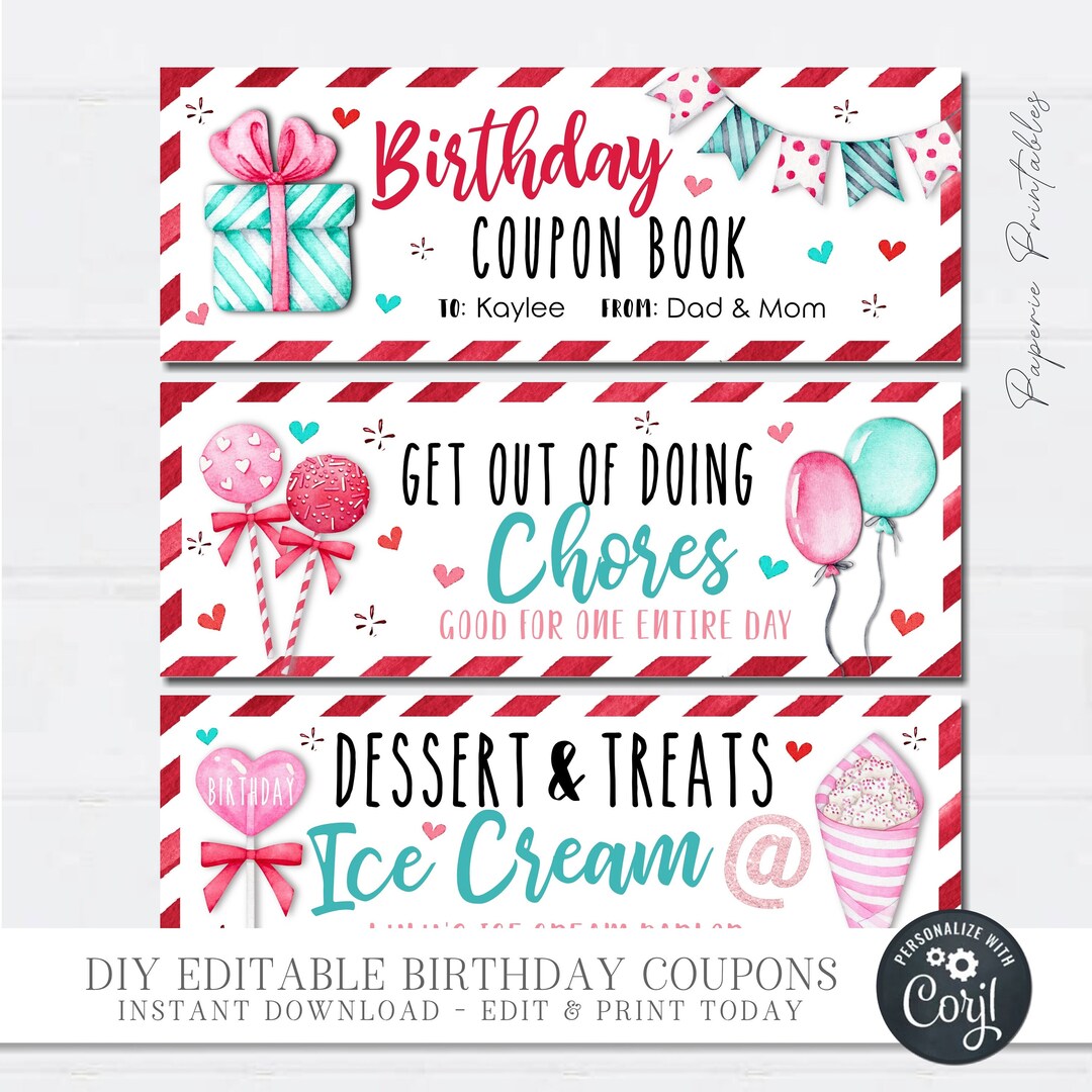 Editable Kids Birthday Coupon Book: Printable Birthday Gift (edit With ...