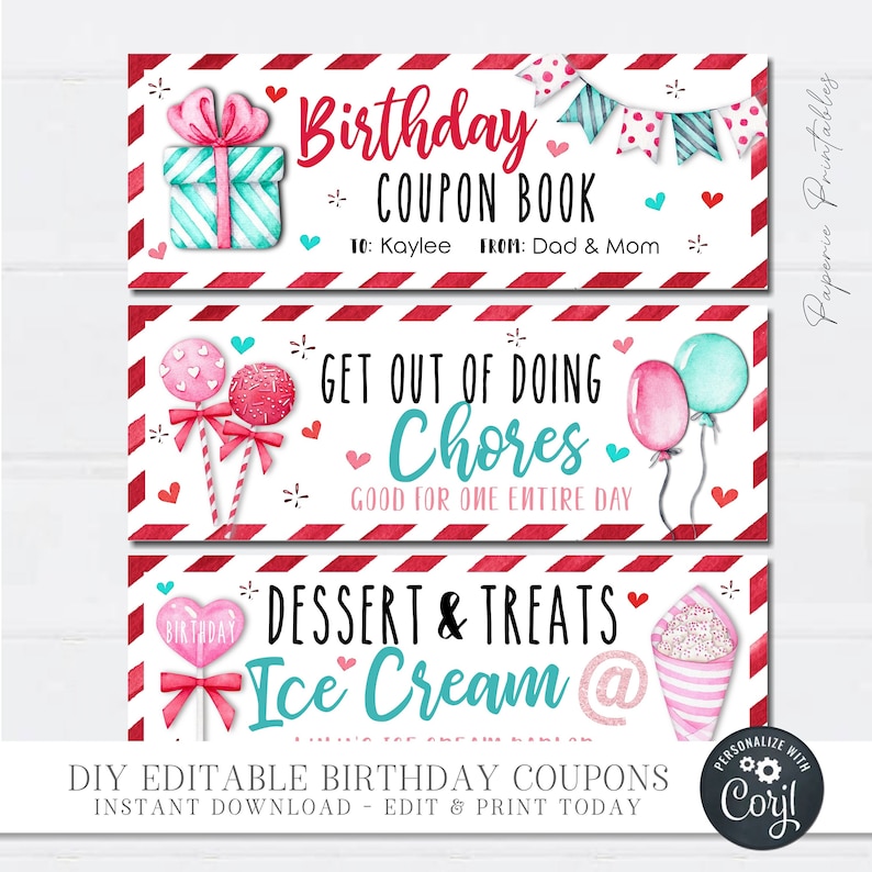 EDITABLE Kids Birthday Coupon Book Birthday Coupons for Kids - Etsy