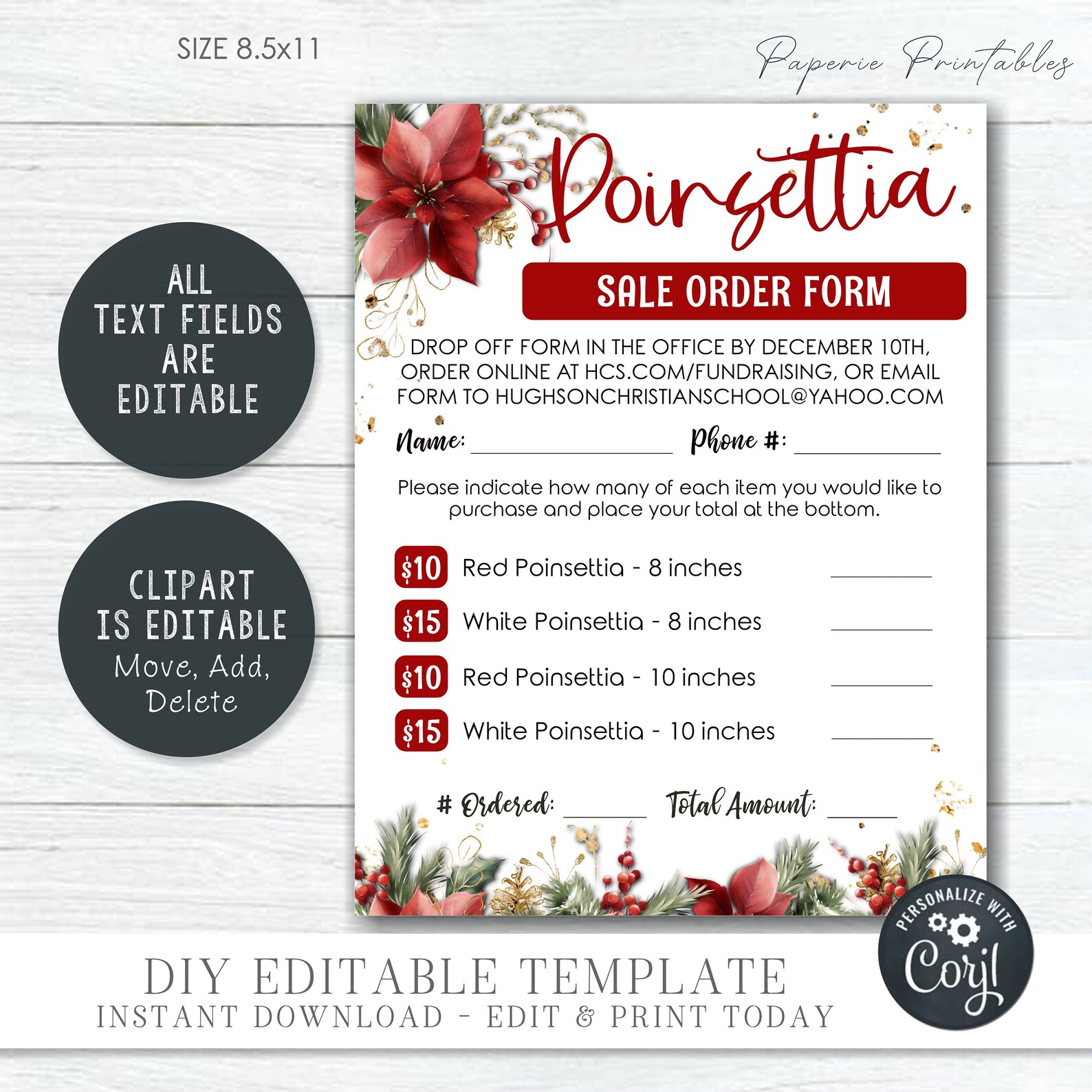 EDITABLE Poinsettia Sale Order Form, Christmas Flower Sale Order Form ...