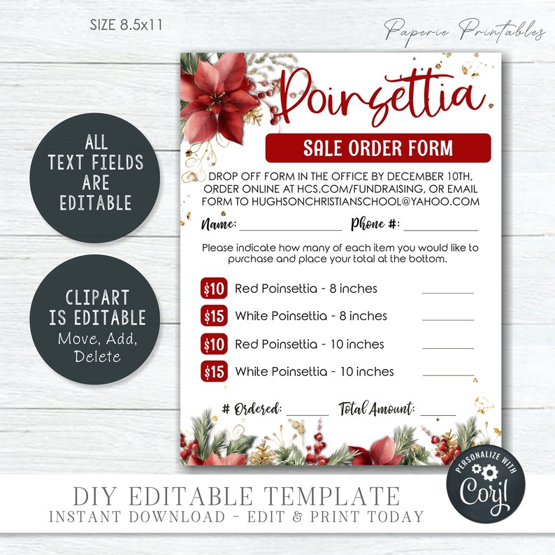 EDITABLE Poinsettia Sale Order Form, Christmas Flower Sale Order Form ...