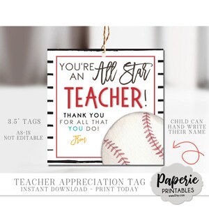 Baseball Teacher Appreciation Gift Tag: Editable All Star Design (DIY ...