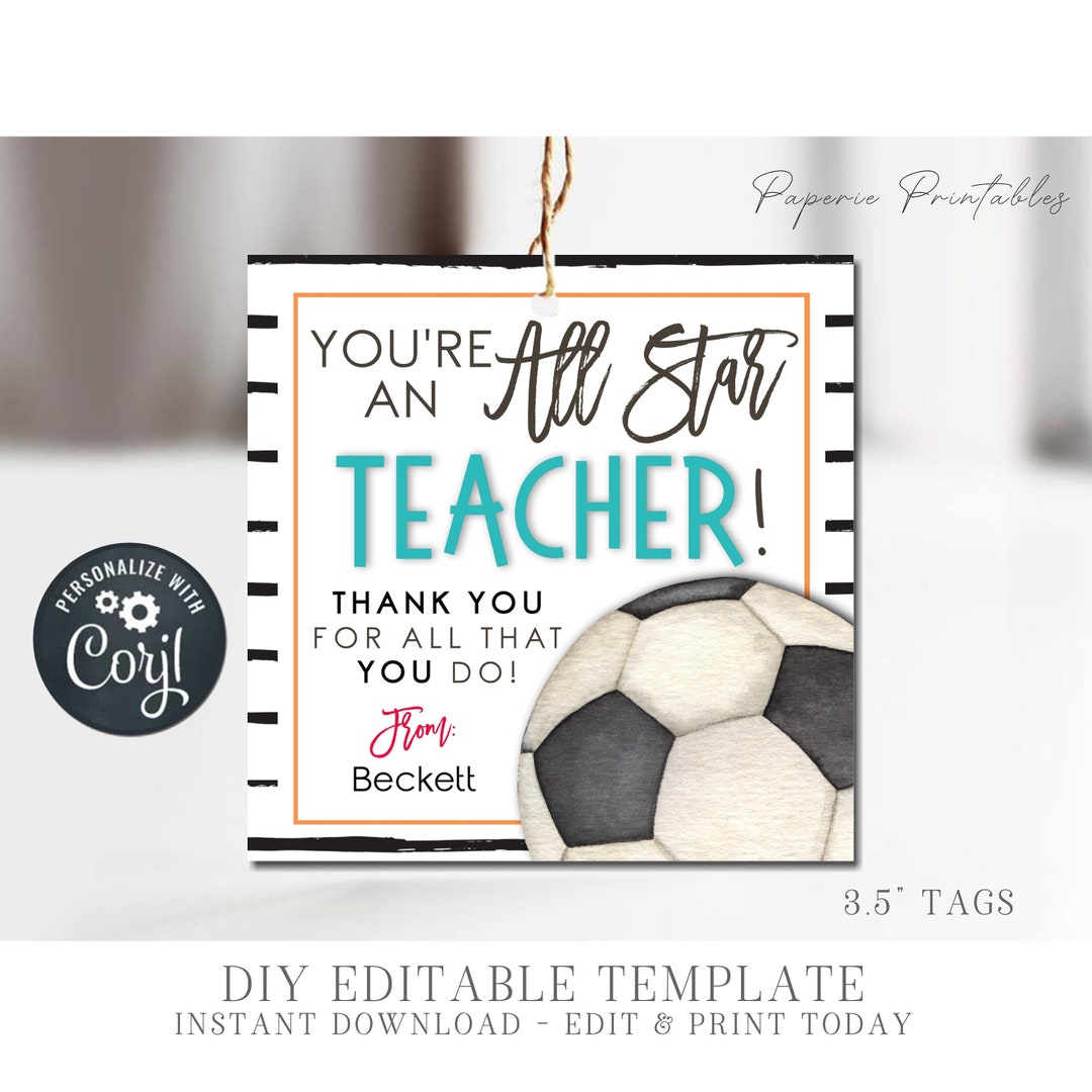 EDITABLE Teacher Appreciation Gift Tag, Soccer Teacher Appreciation Tag ...