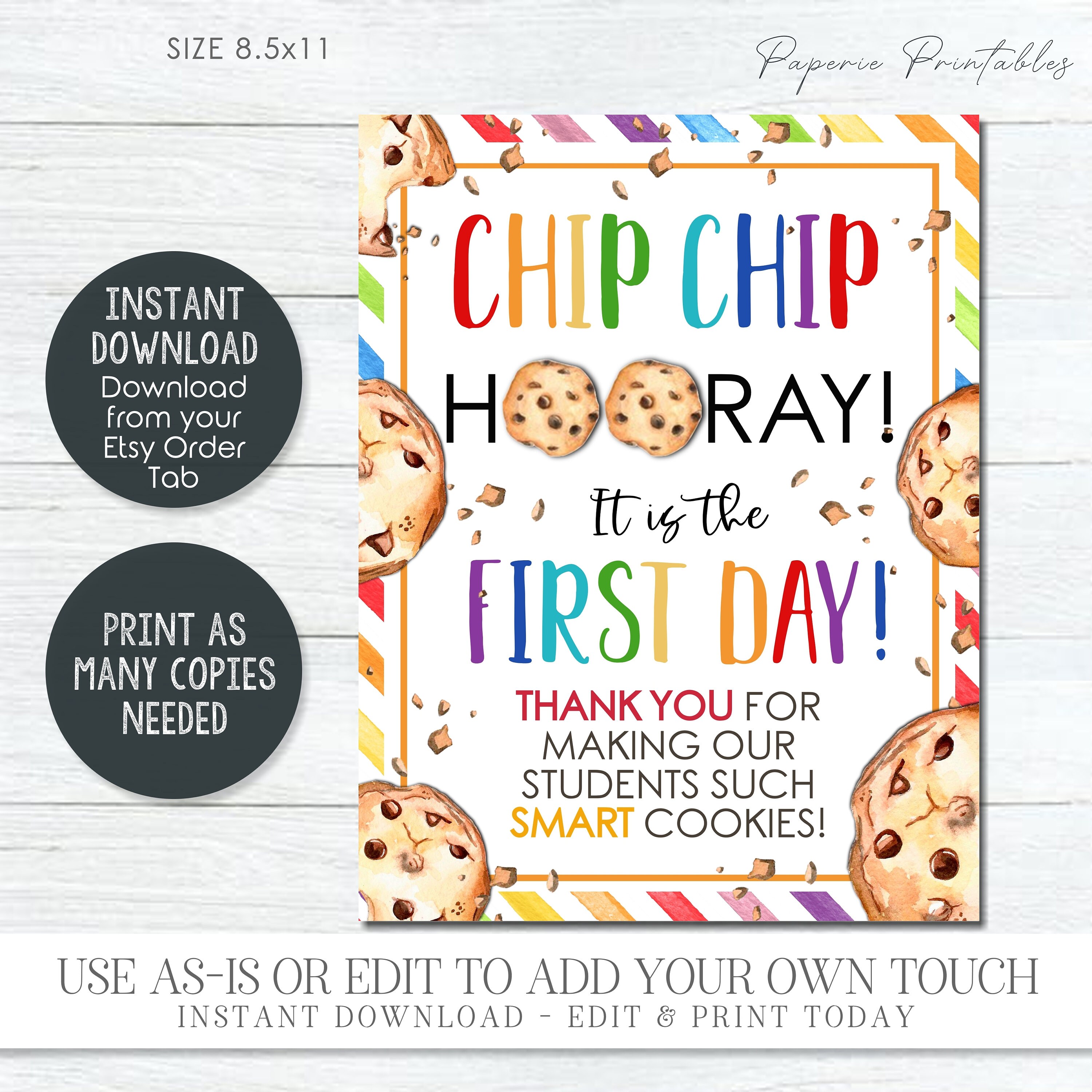 First Day of School Cookie Sign: Chip Chip Hooray (DIY Editable Corjl ...
