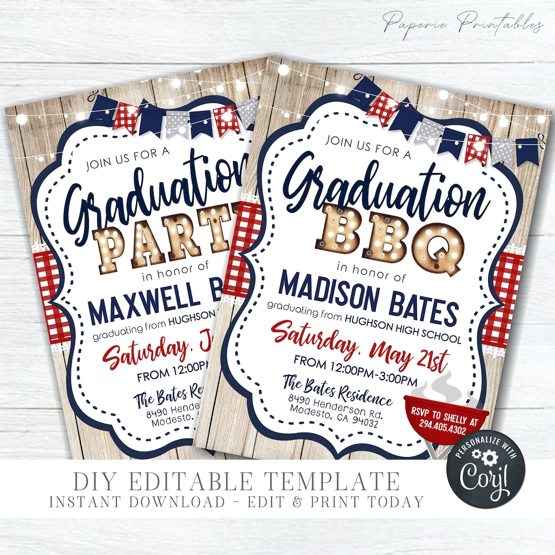 EDITABLE Graduation BBQ Invitation Graduation Party Template Country ...