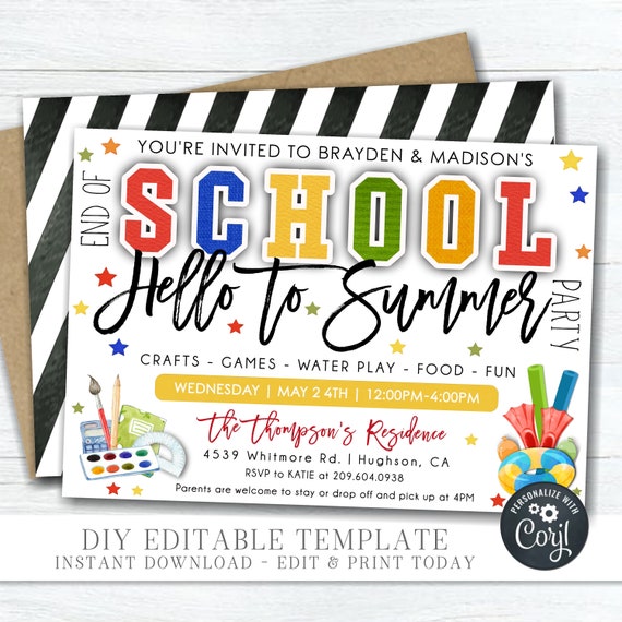 EDITABLE End of School Party Invitation Summer Party End of - Etsy