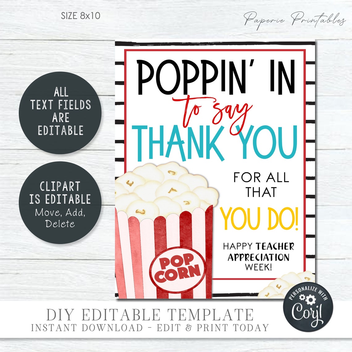 Editable Popcorn Teacher Appreciation Sign (digital Download) #TAW21 - Etsy