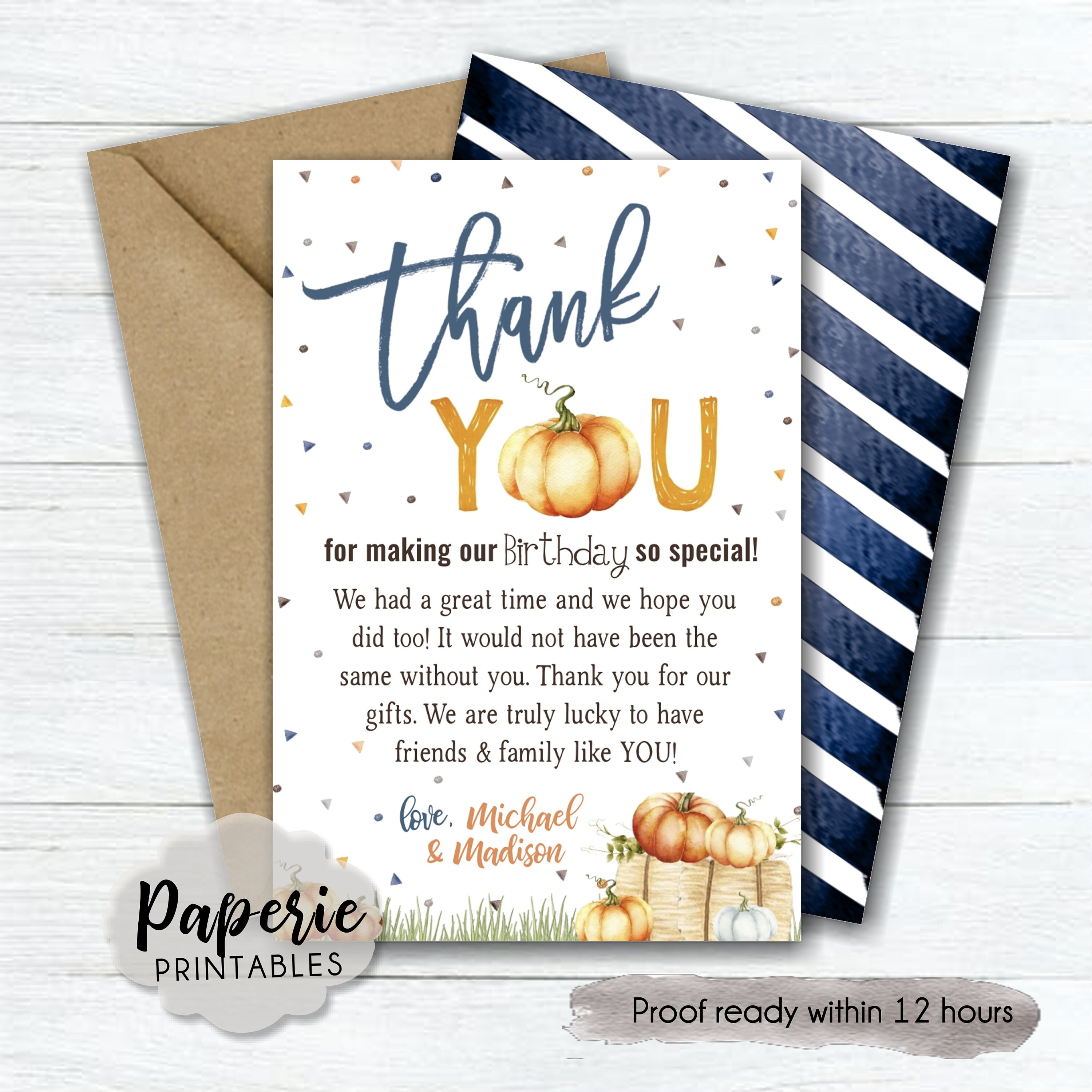 Pumpkin Birthday Thank You Card Fall Birthday Party Thank - Etsy