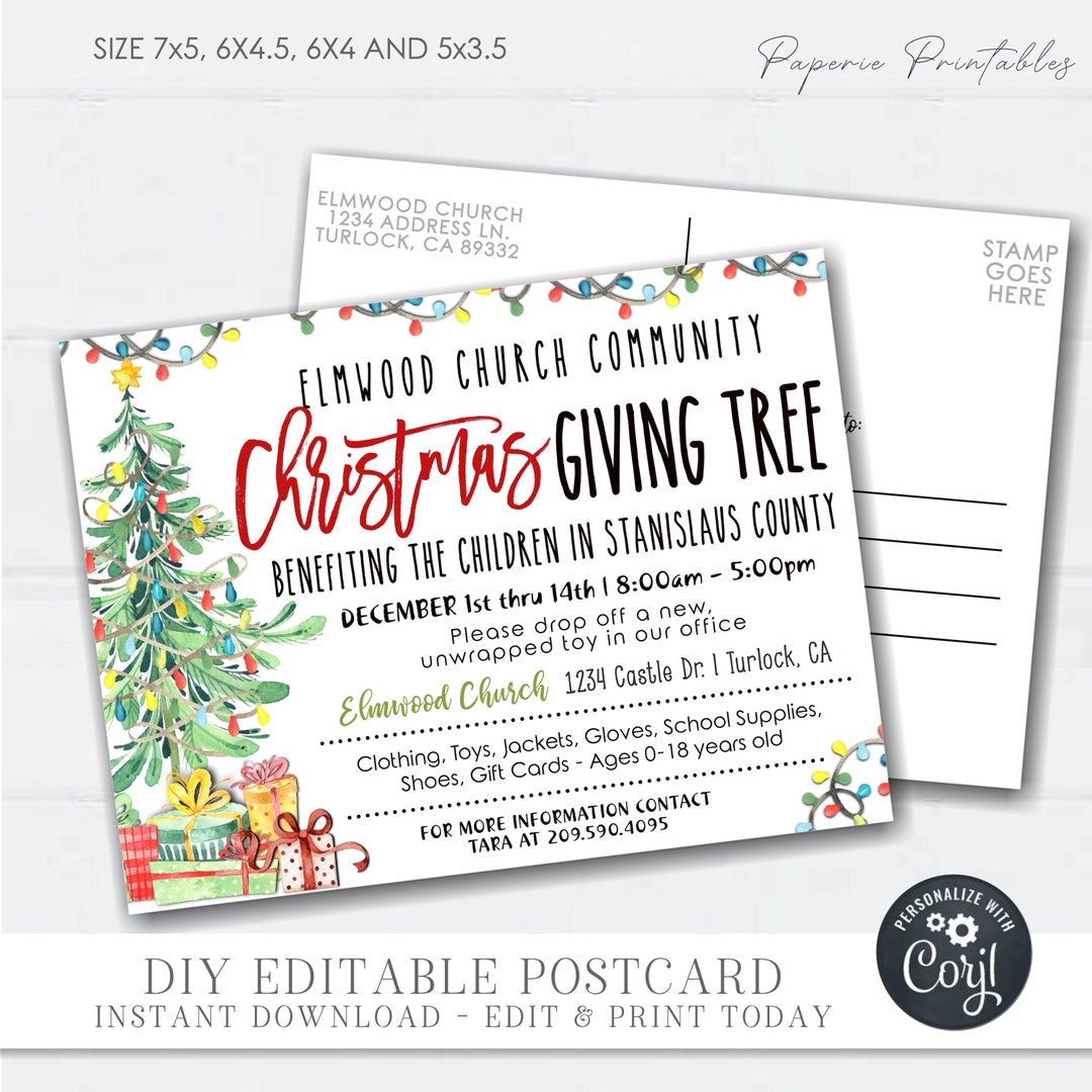 Editable Christmas Giving Tree Postcard: DIY Fundraiser (digital ...