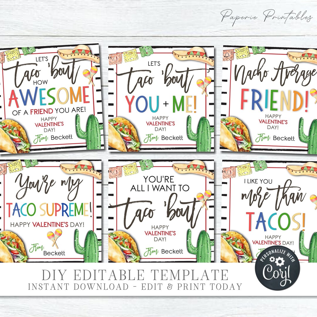 EDITABLE Taco Valentine Cards, Fiesta Valentine Cards, School Valentine ...