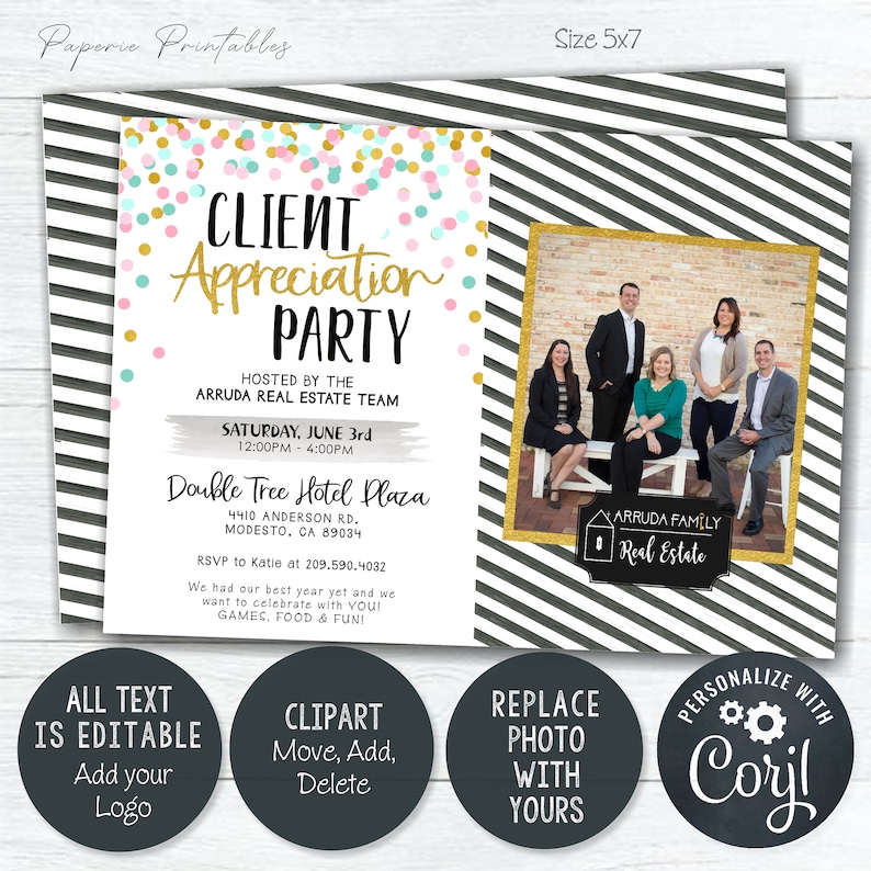 Editable Client Appreciation Party Invitation: Gold Confetti (DIY Corjl ...