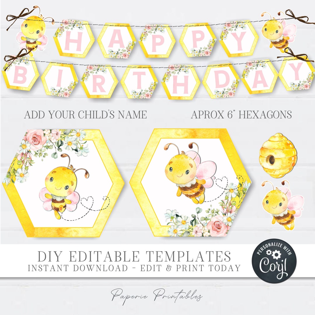 Editable Bee Birthday Banner: DIY Party Decorations (digital Download ...
