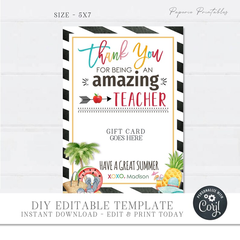 EDITABLE End of School Teacher Gift Card Holder Thanks for - Etsy