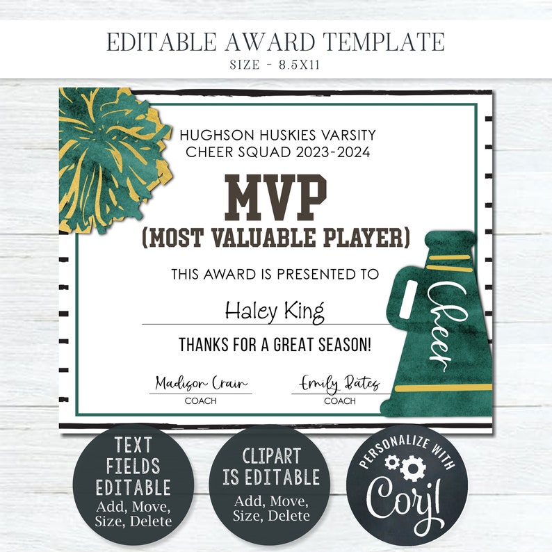 Editable Cheerleading Awards: Green & Gold Team Certificate (DIY W ...