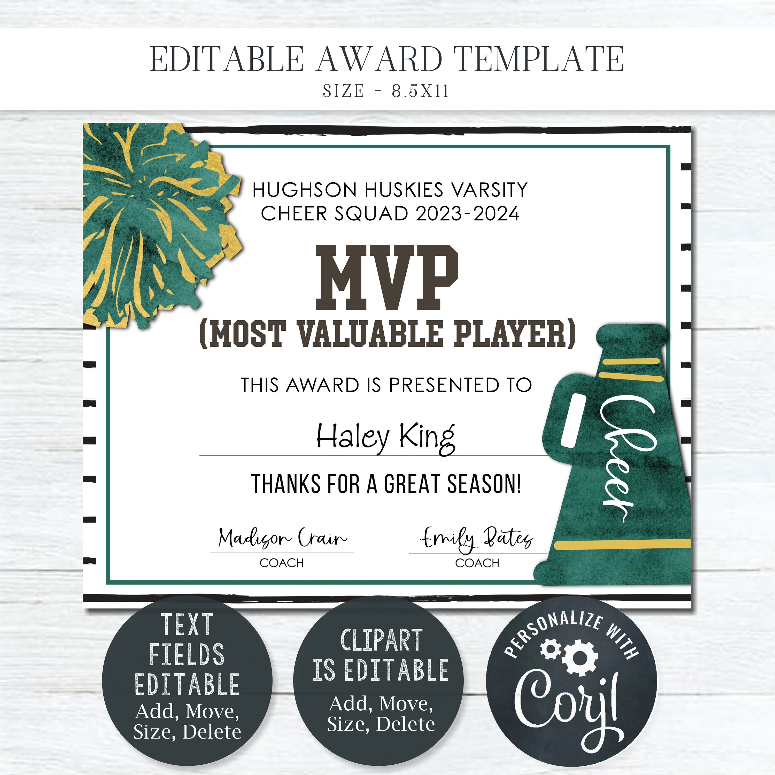 Editable Cheerleading Awards: Green & Gold Team Certificate (DIY W ...