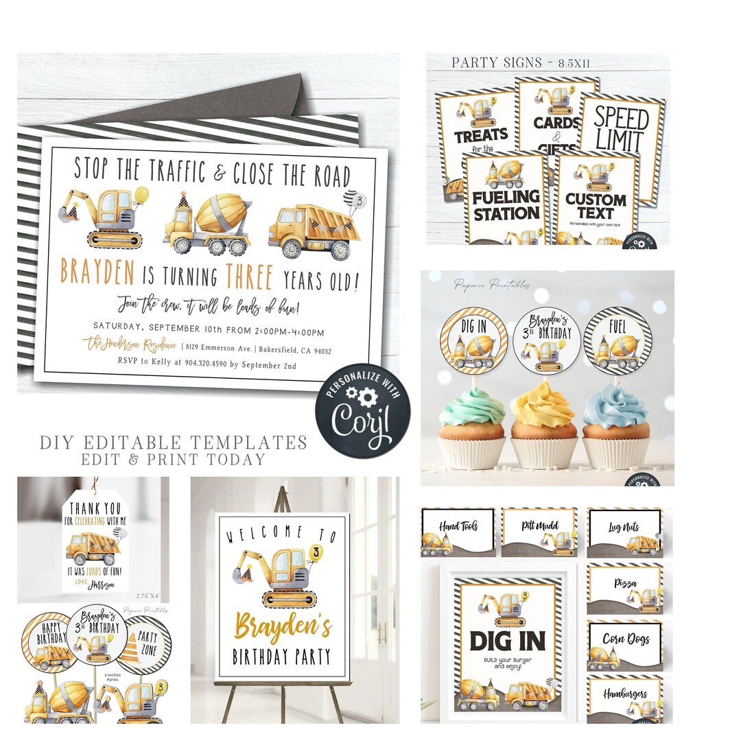 EDITABLE Construction Birthday Bundle DIY Construction Party Printables ...