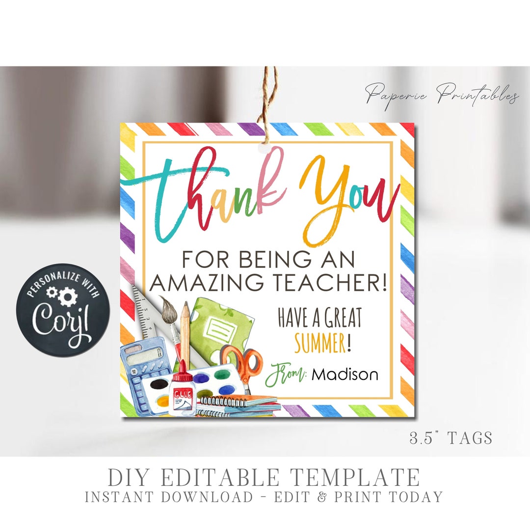 EDITABLE End of School Teacher Appreciation Tag, Teacher Appreciation ...