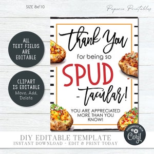 Editable Baked Potato Bar Appreciation Sign: Spud-tacular Thank You ...