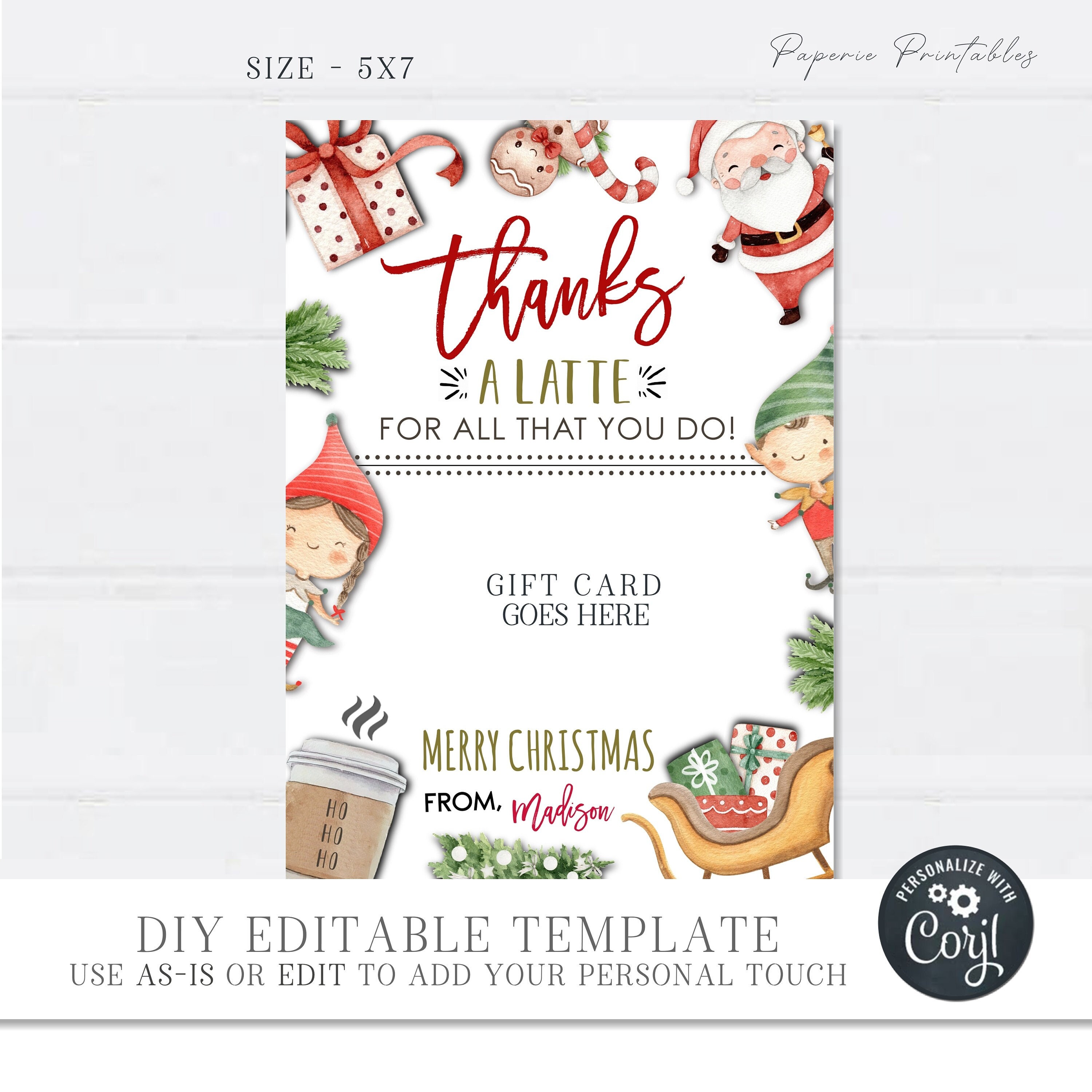 EDITABLE Christmas Gift Card Holder, Christmas Thanks a LATTE Gift Card ...