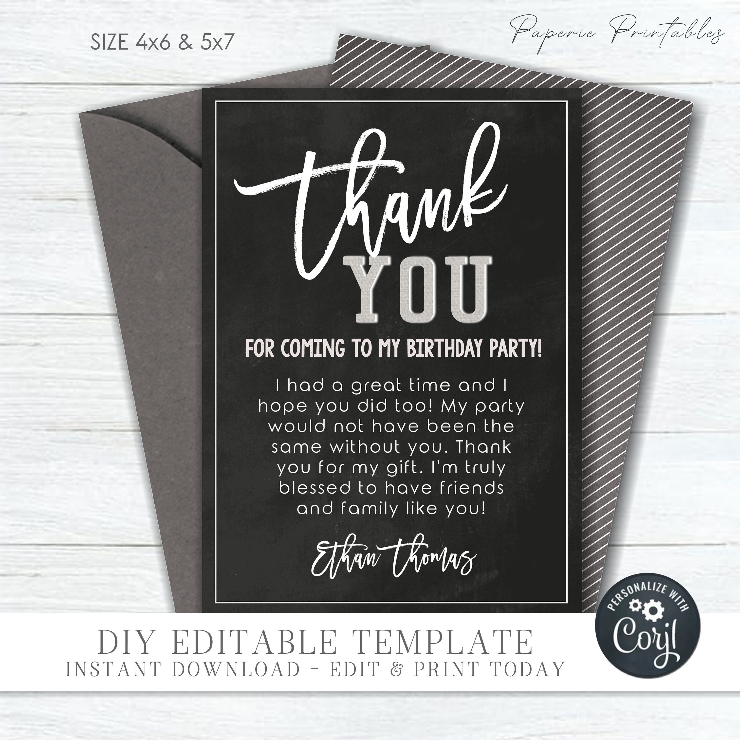 EDITABLE Masculine Birthday Thank You Card Male Thank You - Etsy