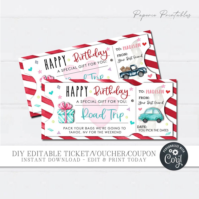 EDITABLE Road Trip Gift Voucher Birthday Gift for Her Coupon - Etsy