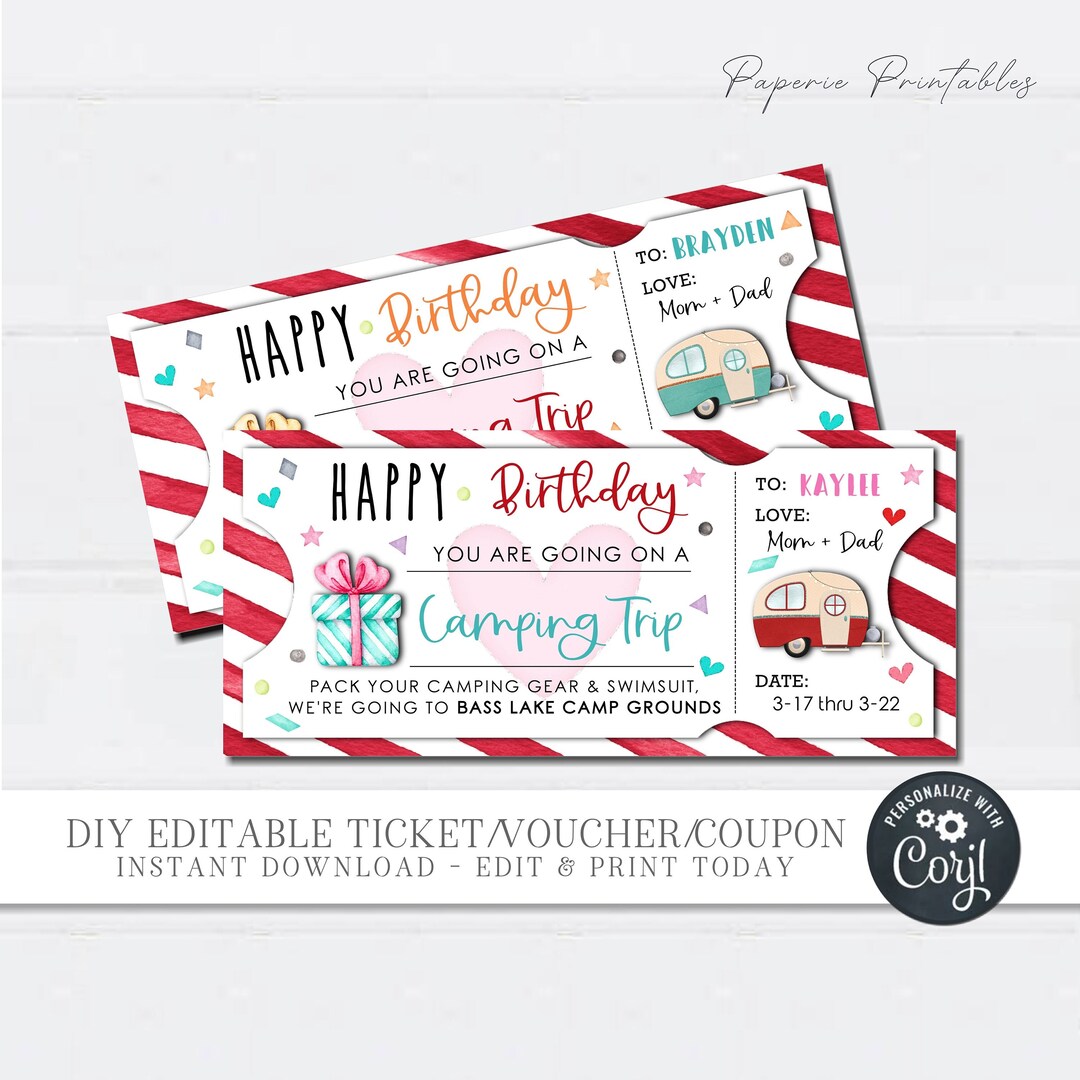 EDITABLE Camping Trip Vacation Gift Voucher, Camping Vacation Birthday ...