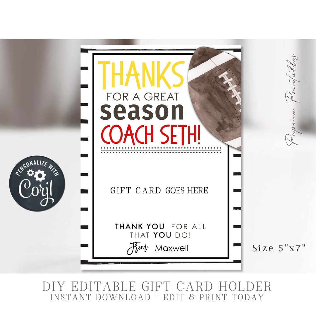 EDITABLE Football Coach Appreciation Gift Card Holder, Coach ...
