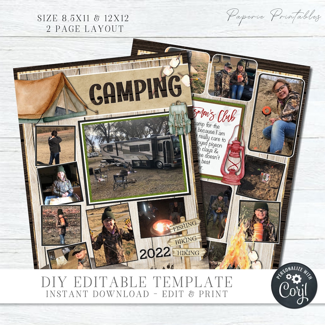 Camping Scrapbook Pages: Editable Photo Album Layout (digital Download ...