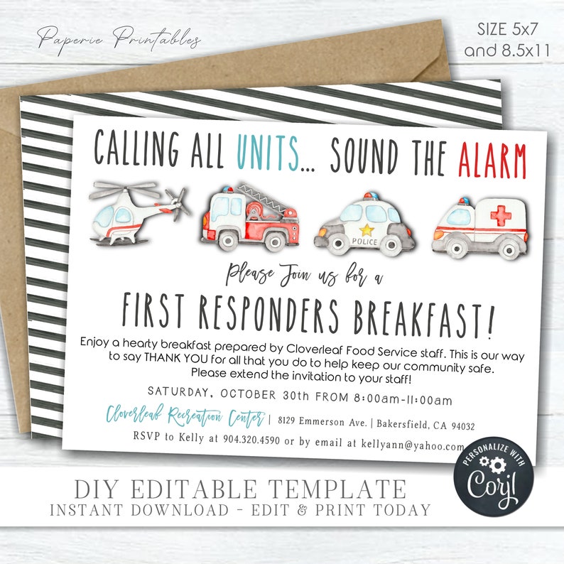 Editable First Responders Appreciation Breakfast Invitation (DIY With ...