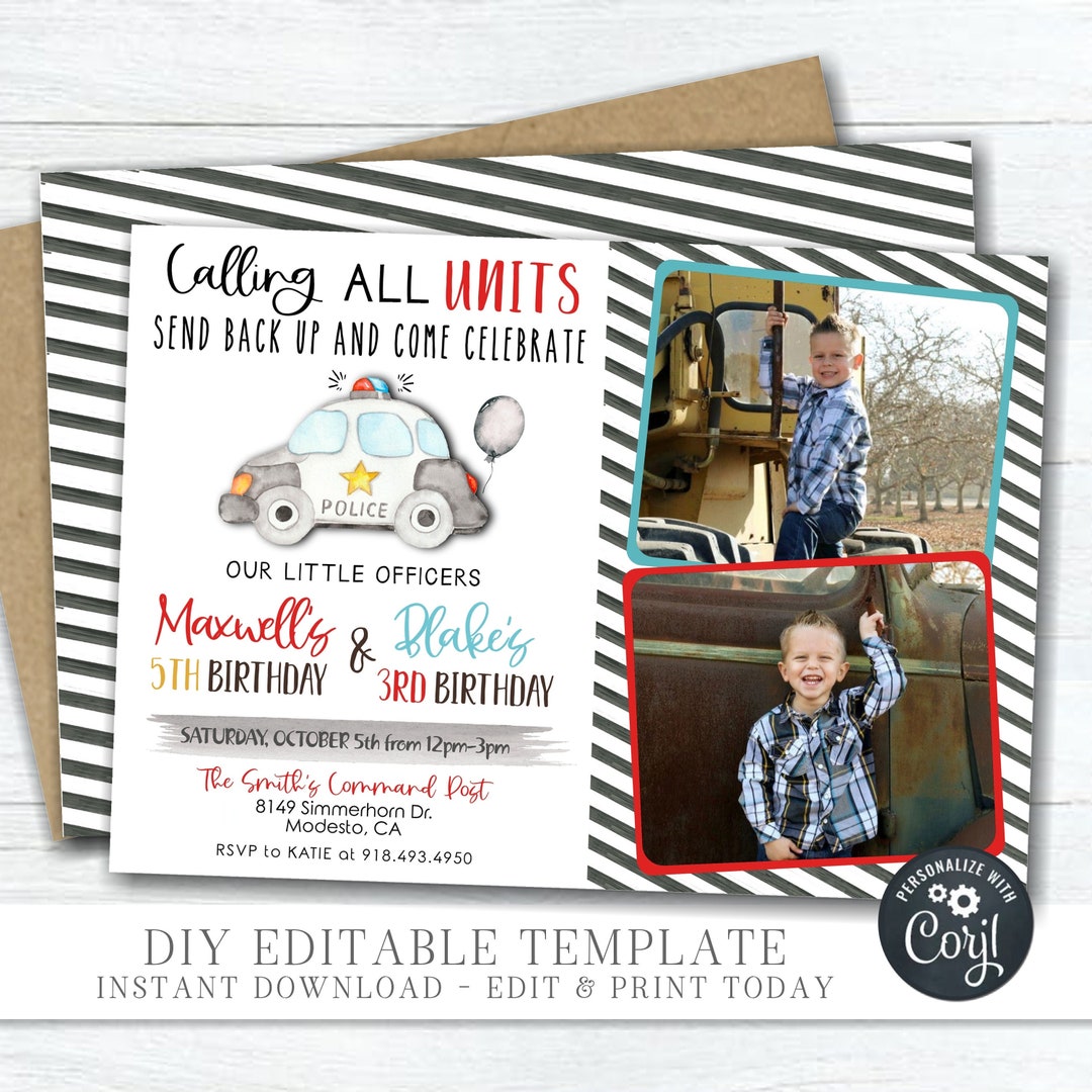 EDITABLE Siblings Police Birthday Invitation, Police Party Invitation ...