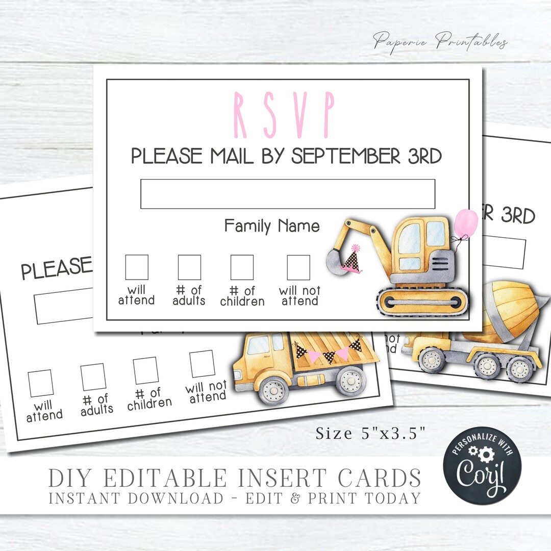 Girl Construction Birthday RSVP Cards: Editable Template (digital ...
