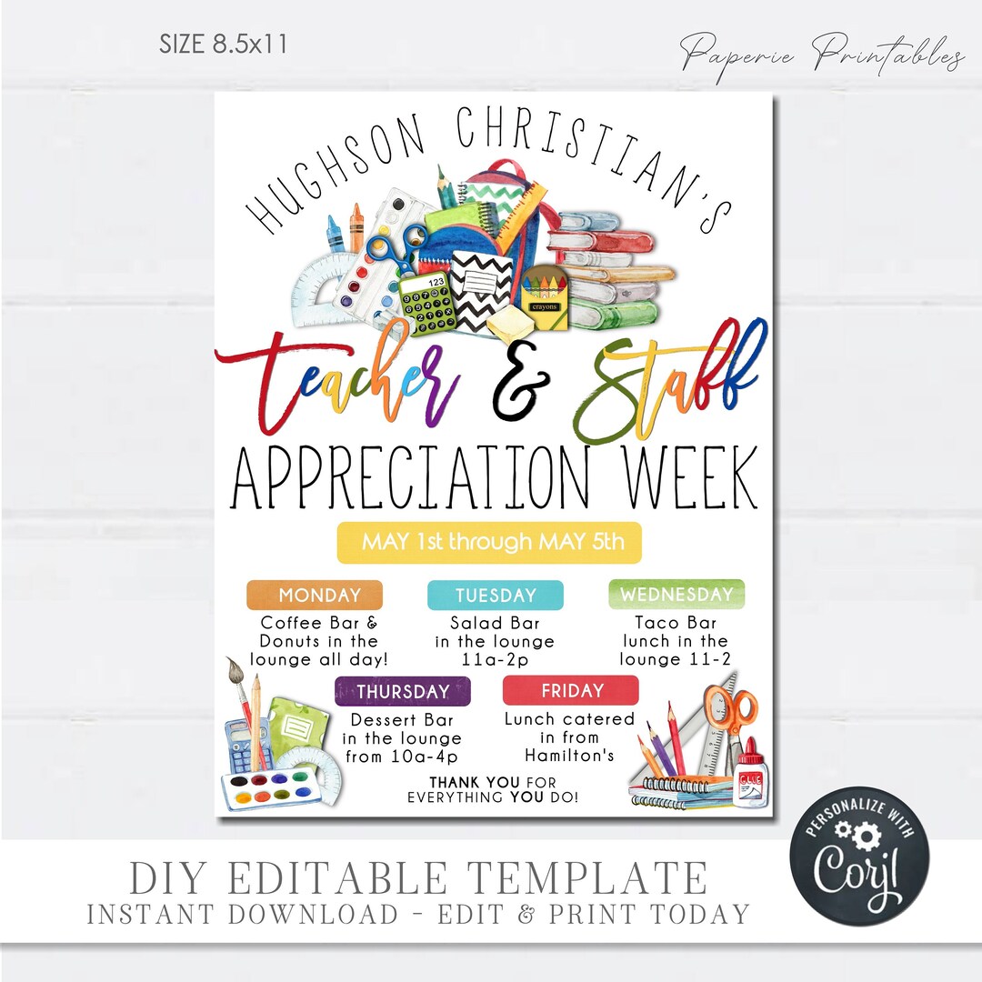 Editable Teacher Appreciation Week Flyer: School Staff Events (DIY ...