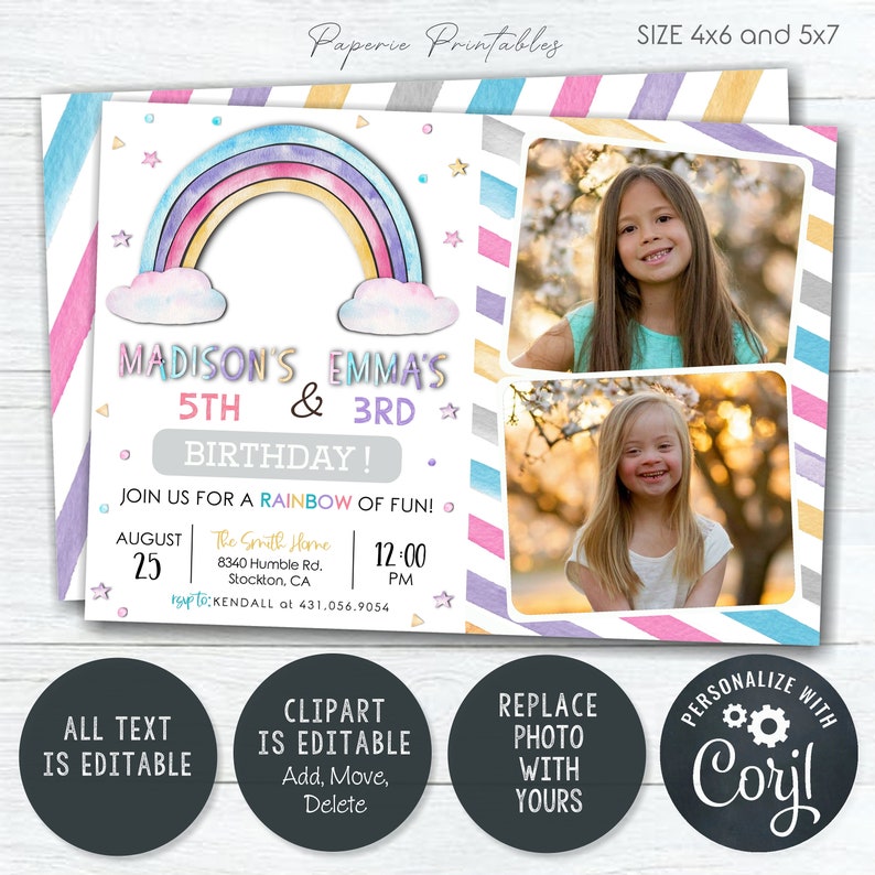 EDITABLE Rainbow Birthday Invitation Pastel Rainbow - Etsy