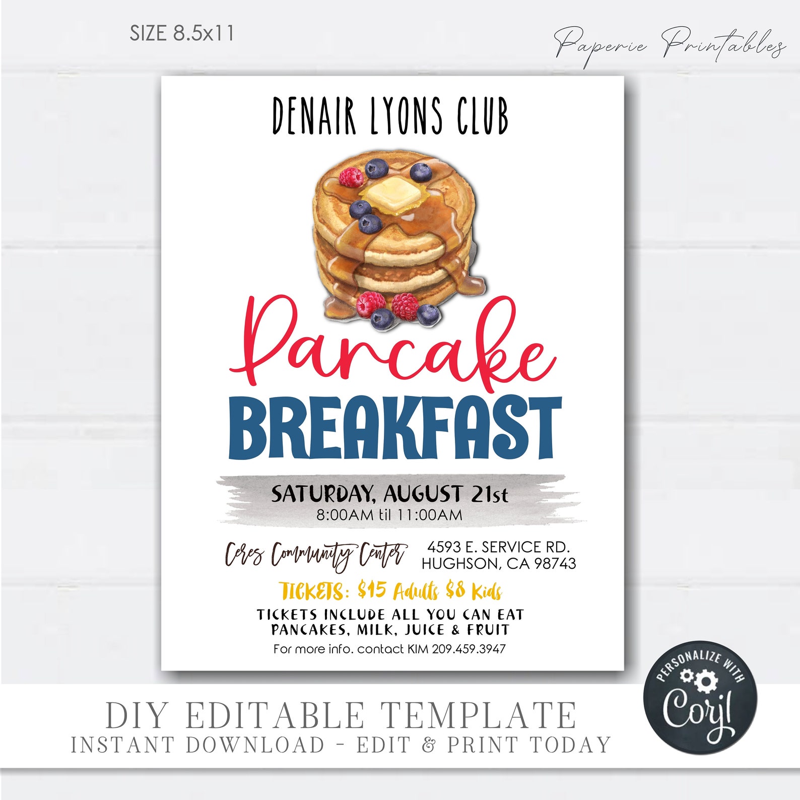 EDITABLE Pancake Breakfast Fundraiser Pancake Breakfast Flyer - Etsy