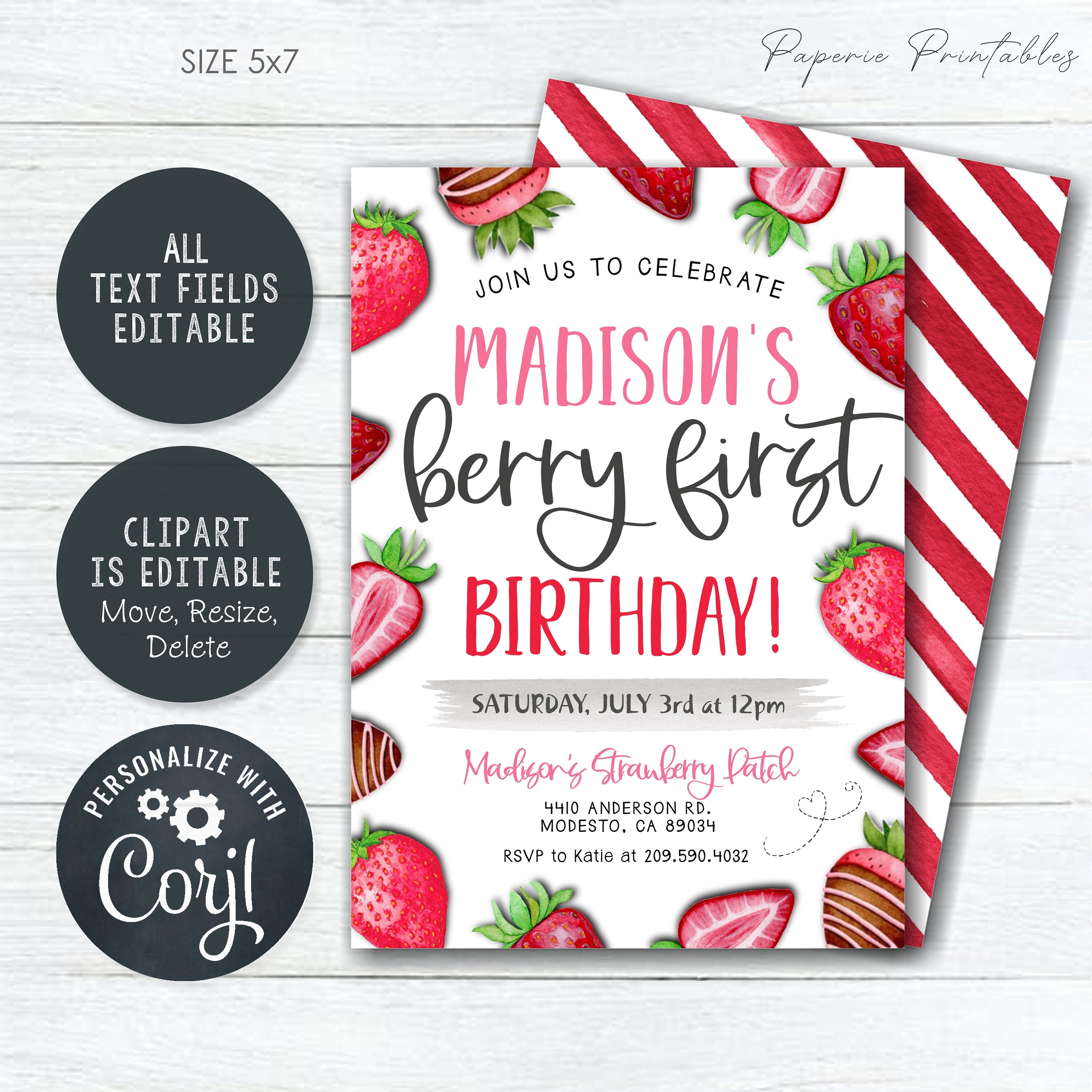 EDITABLE Berry First Birthday Invitation Strawberry First - Etsy