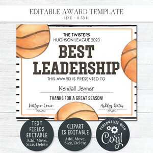 Editable Basketball Award Certificates: Team Awards (DIY With Corjl) - Etsy