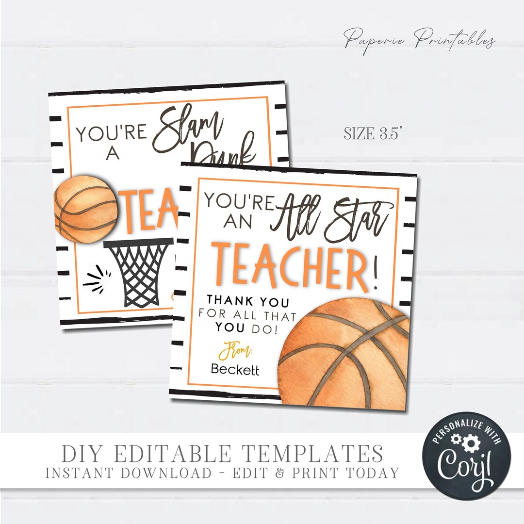 Basketball Teacher Appreciation Gift Tag: Editable Thank You (digital ...