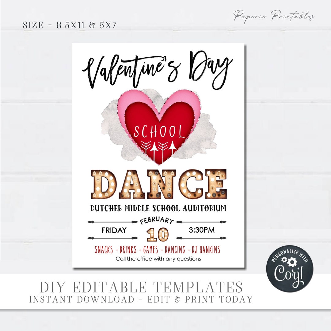 EDITABLE Valentine's Day School Dance Flyer, Valentine's Day Dance ...