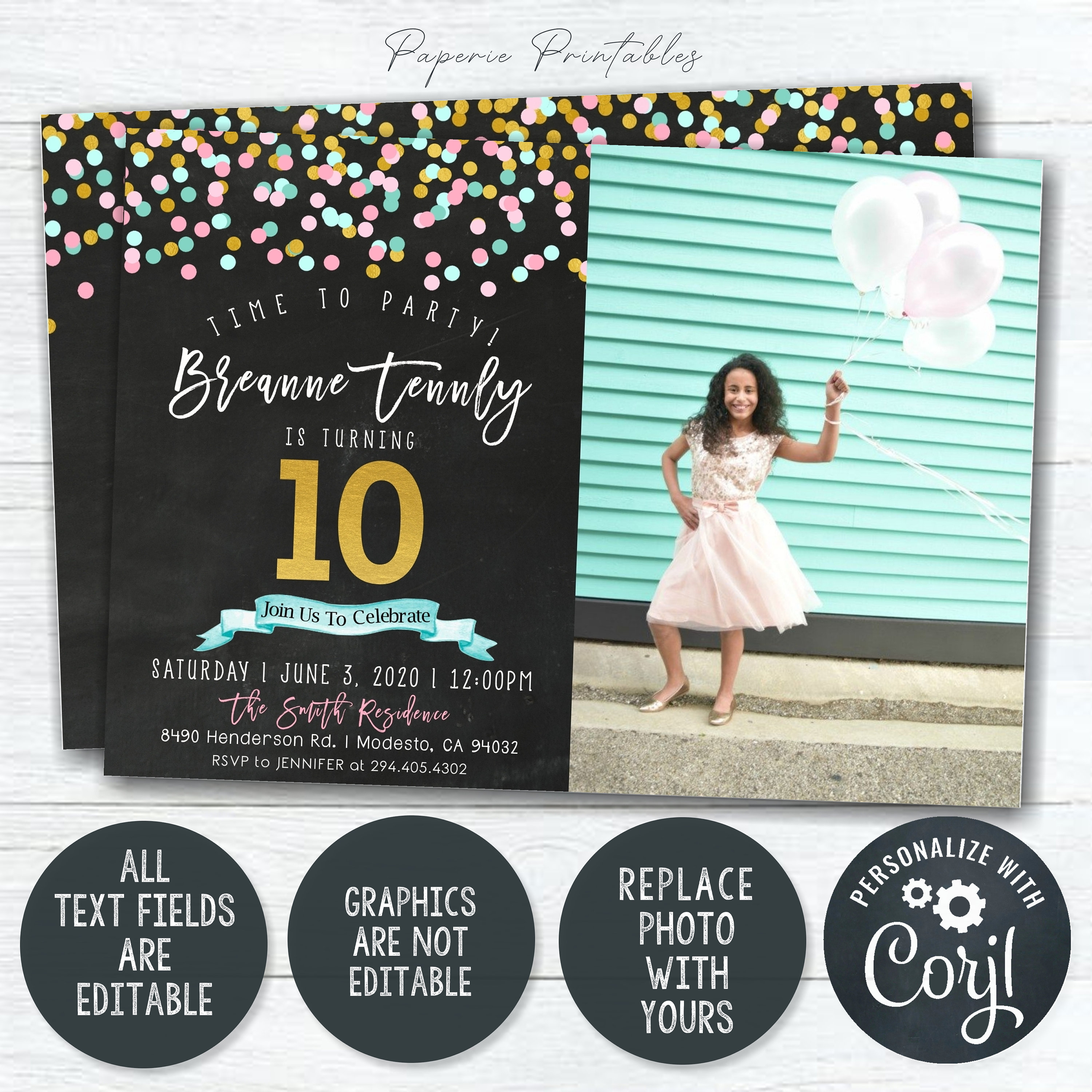 EDITABLE Girl Birthday Party Invitation Template Confetti - Etsy