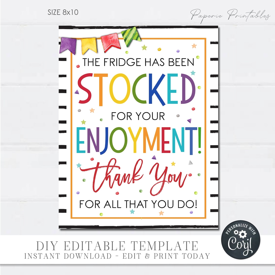 Fridge Stocked Thank You Sign: Editable Appreciation Decor (digital ...